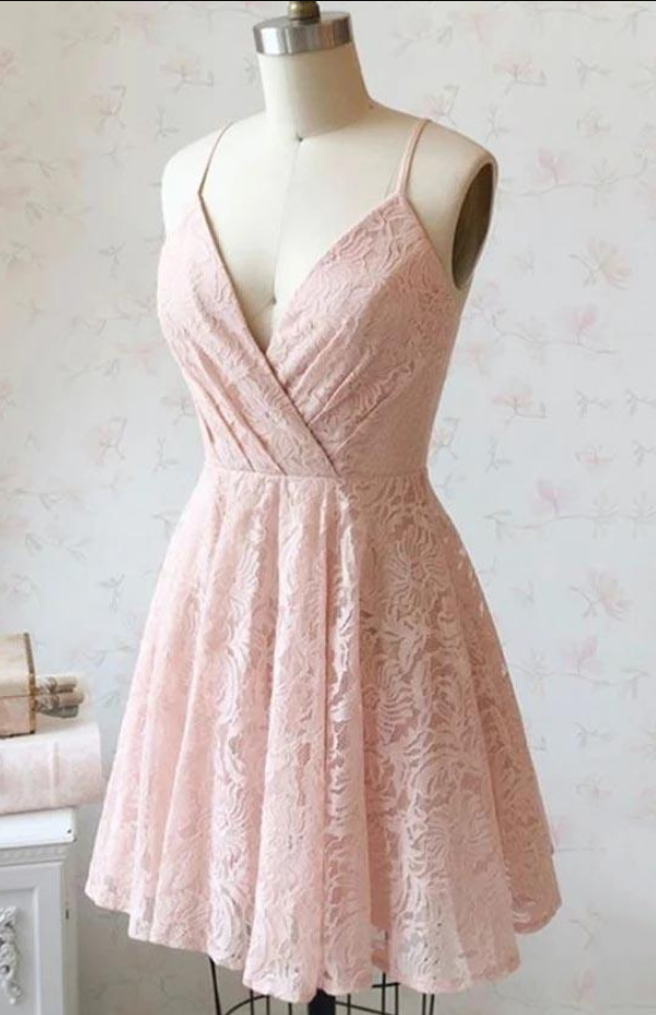 Spaghetti Straps V Neck Lace Short Prom Dress Blush Homecoming Evening