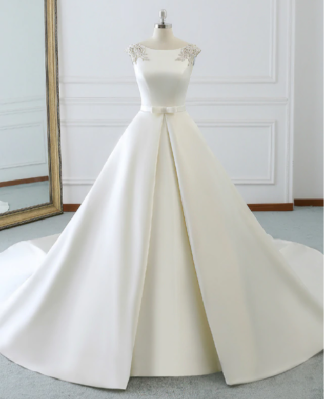 White Satin Cap Sleeve Backless Wedding Dress With Pearls On Luulla