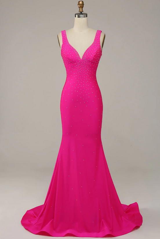 Elegant Mermaid Beaded Satin Formal Prom Dress, Beautiful Long Prom ...