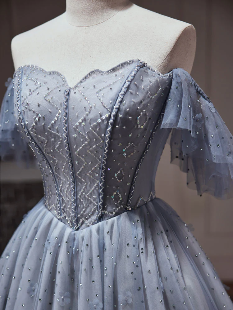 A-line Gray Blue Tulle Short Prom Dress. Cute Gray Blue Homecoming ...