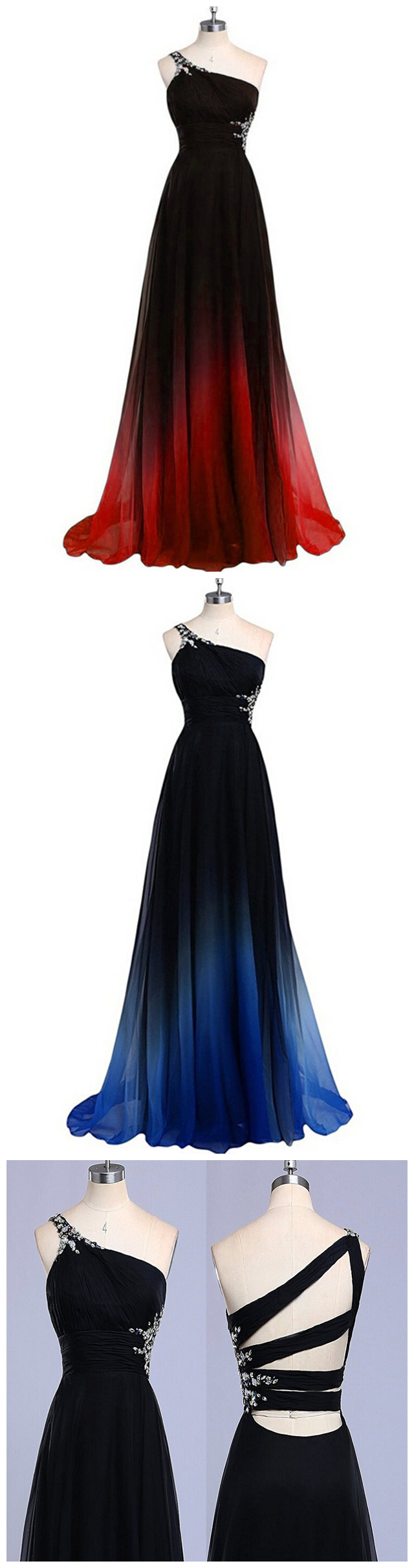 Women's Gradient Color Prom Dresses Chiffon Beaded Evening Gown Long ...