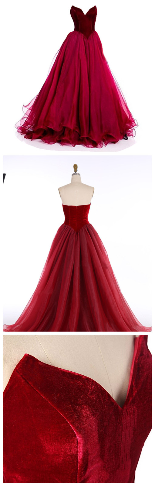 Burgundy V-neck Long Prom Dress With Basque Waist And Velvet Bodice on ...