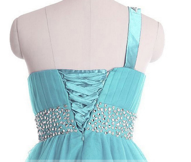 Trendy One Shoulder Short Prom Dress, Sequins Belt Lace-up Light Blue ...