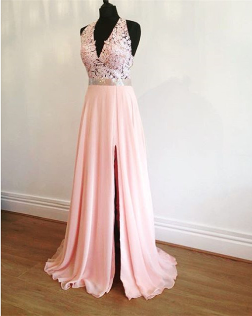 Prom Dress,modest Prom Dress,elegant Lace Halter Pink Chiffon Prom ...