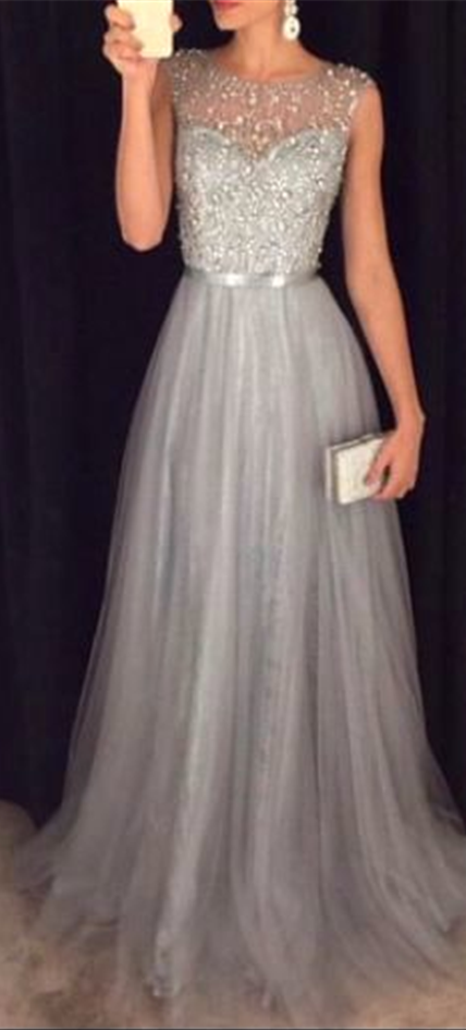 Prom Dress,shiny Grey Prom Dresses,a-line Beading Tulle Prom Dress ...