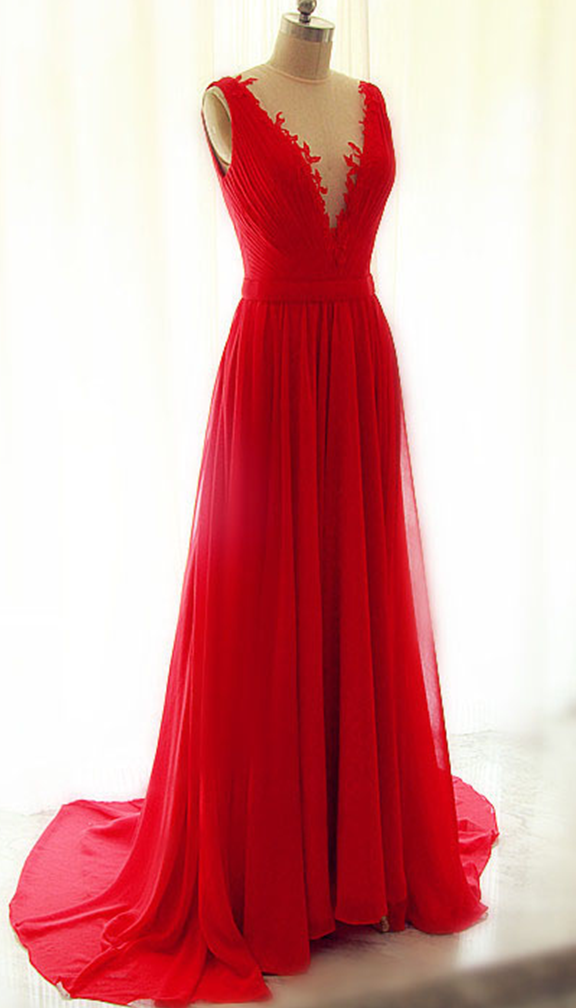 Beautiful Red Chiffon Long V-neckline Handmade Evening Gowns With See ...