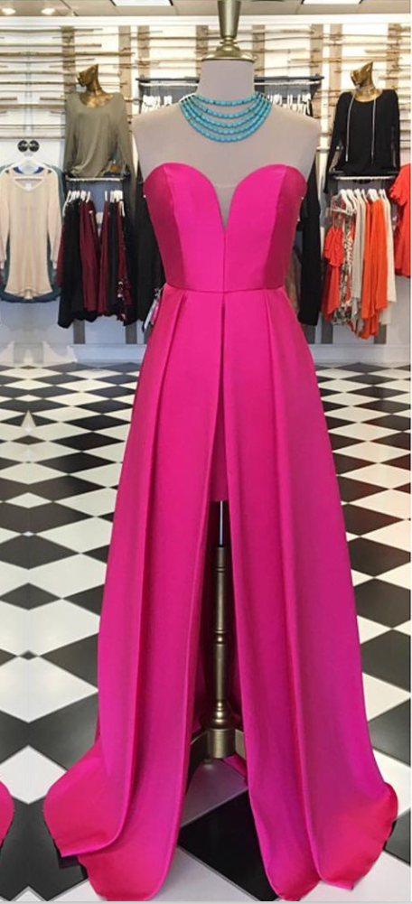 Pink Satin Split Prom Dresses 2017 High Low Prom Gowns on Luulla
