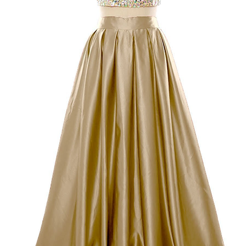 Gold Two-piece Prom Dress Featuring Beaded Embellished High Halter ...