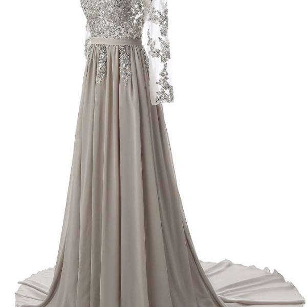 Real Photo Long Sleeve Formal Evening Dress, Grey Dress Ball Gown on Luulla
