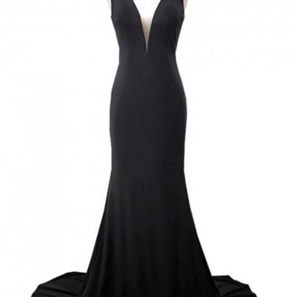 Simple Mermaid Deep V Neck Sleeveless Elastic Floor Length Black Dress