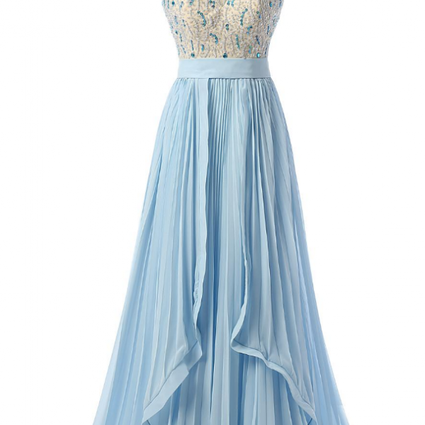 Long Evening Formal Dresses Light Blue Sleeveless A Line Floor Length ...