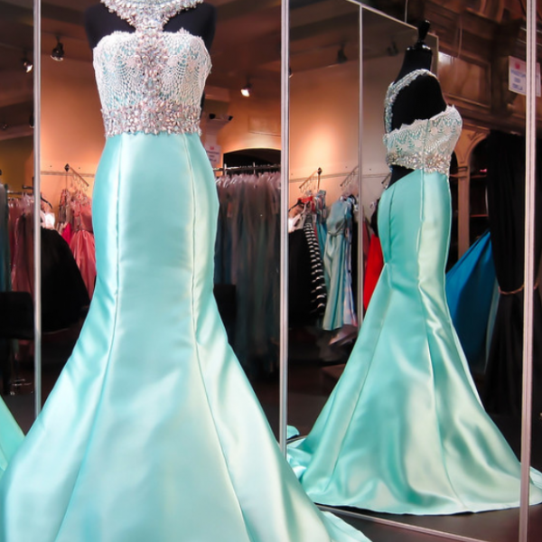 Mint Mermaid Prom Dress-white Lace Beaded Halter-open Back Evening ...