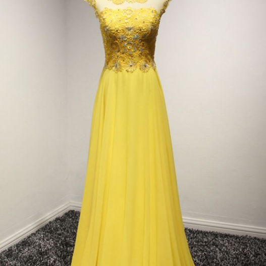 Flowy ,long Chiffon, Prom Dress In Yellow With Lace ,beading Top,floor ...