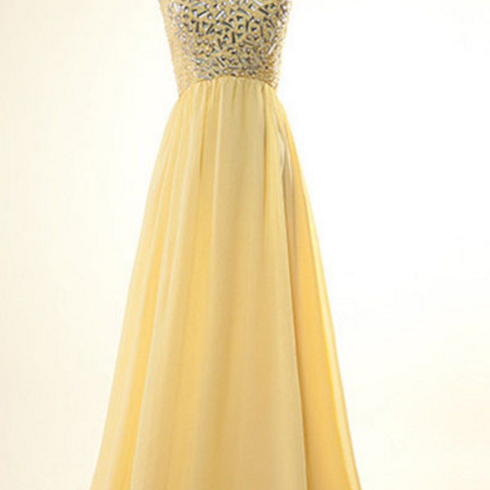 Long Prom Dress , Yellow Prom Dress , Starpless Prom Dress , Chiffon ...