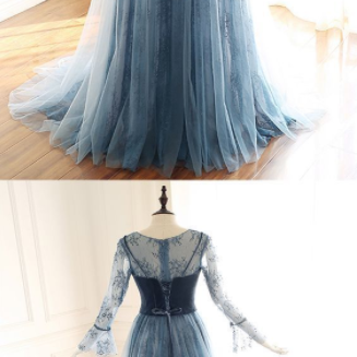 Gorgeous Blue Gray Lace Long Velvet Custom Made Formal Prom Dress With ...