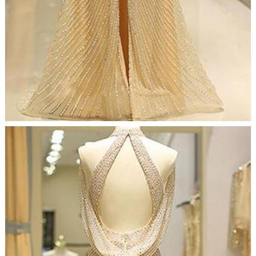 High Neck Sleeveless Open Back Beaded Prom Dresses Slit Evening Dresses ...