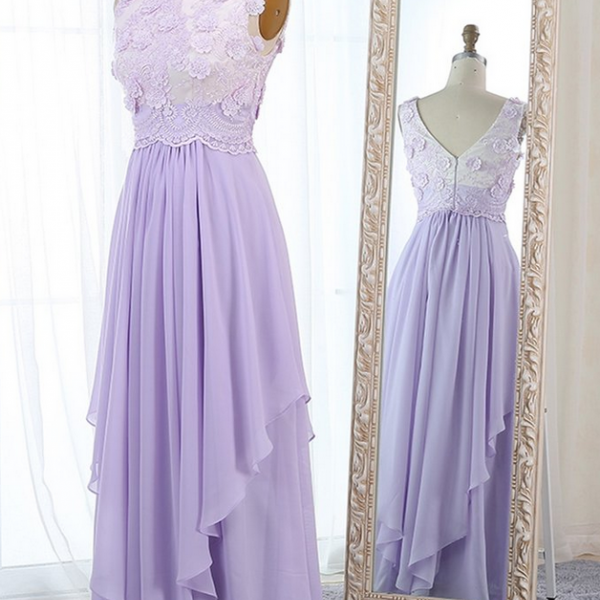 Unique Lilac Chiffon Ruffles Long Lace Applique Prom Dress on Luulla