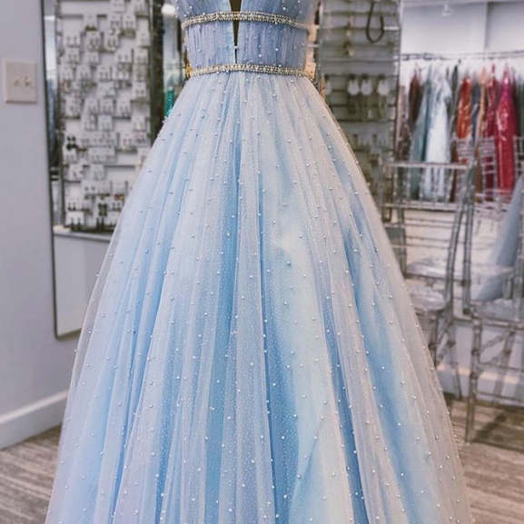 Light Blue Tulle V Neck Pearl Beaded Long Prom Dress, Evening Dress on ...
