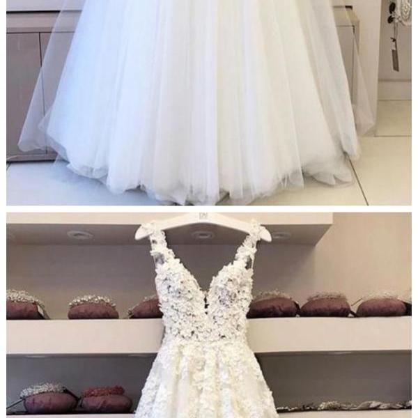 Ruby Outfit Elegant V Neck Appliques White Tulle Long Prom Dress on Luulla
