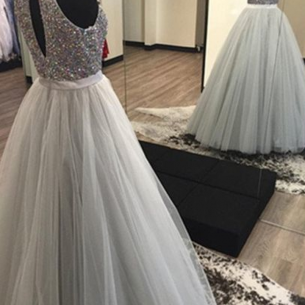 Long Elegant Grey Ball Gown High Neck Sleeveless Beading Prom Dresses ...