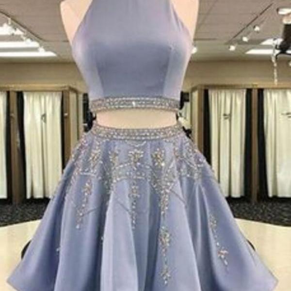 Light Blue Party Dress Two Piece Evening Dress Beaded Homecoming Short ...
