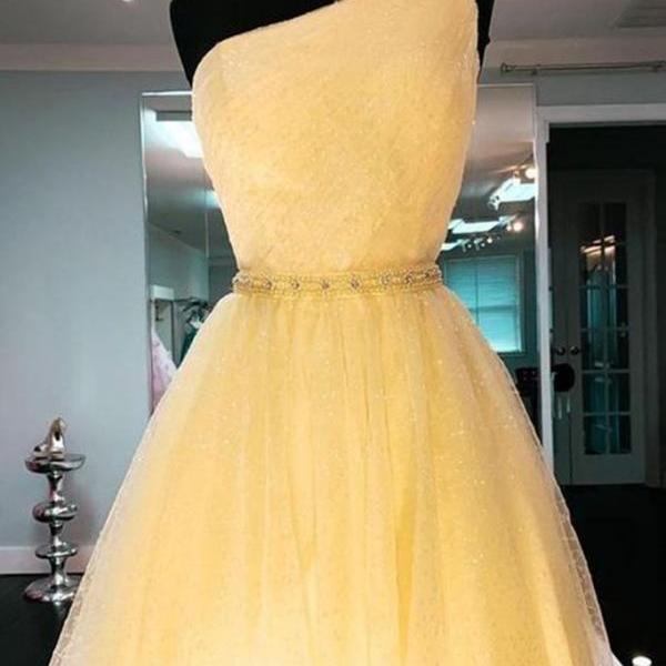 Shiny One Shoulder Yellow Short Prom Homecoming Dress With Belt, Short ...