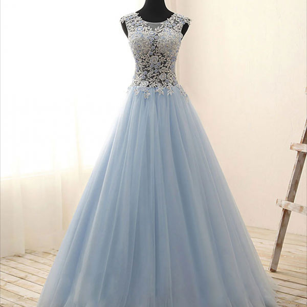 Prom Dresses,a Line Round Neck Lace Tulle Long Prom Dress, Evening ...