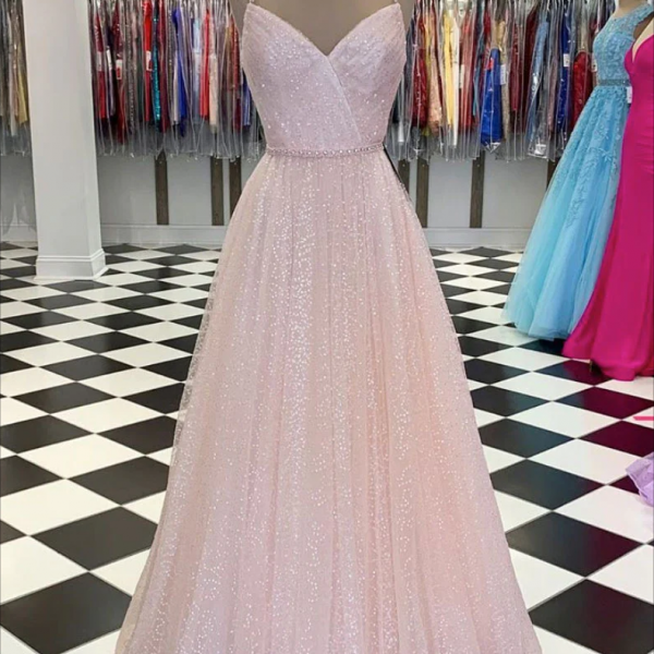 Prom Dresses,pink V Neck Tulle Sequin Long Prom Dress Pink Tulle Formal ...