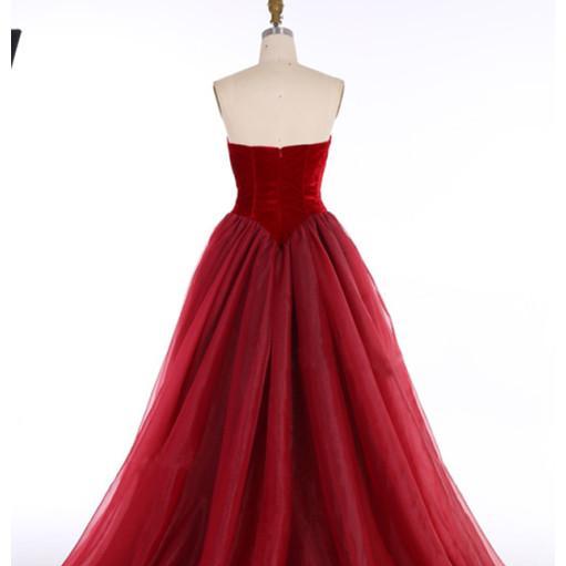 Burgundy V-neck Long Prom Dress With Basque Waist And Velvet Bodice on ...