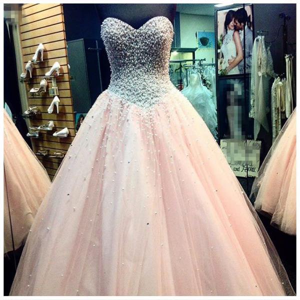 Prom Dress,modest Prom Dress,elegant Pearl Beaded Sweetheart Ball Gown ...