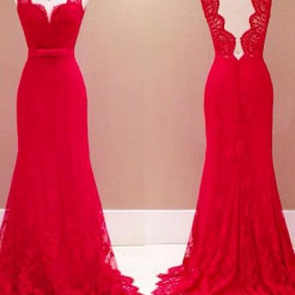 Lace V-back Prom Dress,red Long Prom Dresses on Luulla