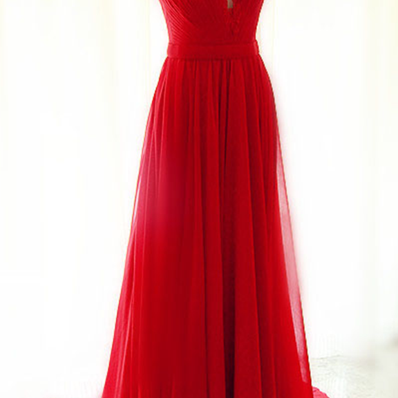 Beautiful Red Chiffon Long V-neckline Handmade Evening Gowns With See ...