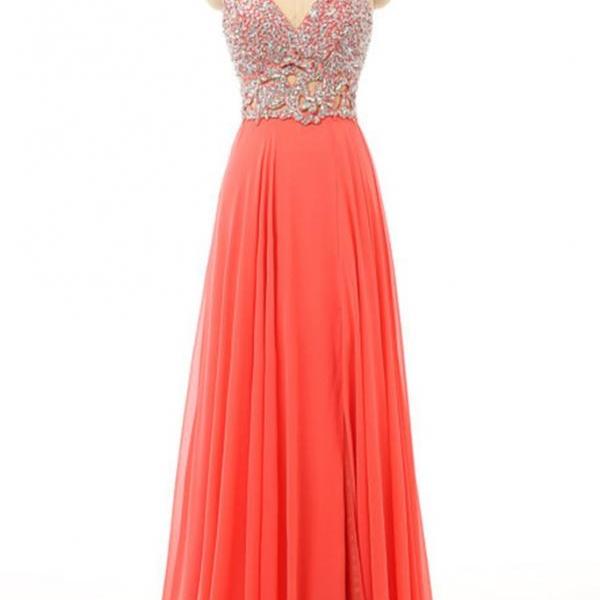Orange Chiffon Beaded V-neck A-line Open Back Long Evening Dresses For ...