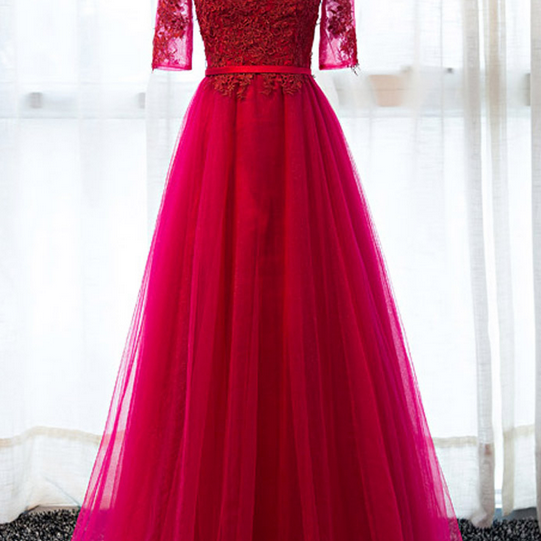 Fuchsia Evening Dress Long Short Sleeve Prom Party Dresses Formal Gown ...