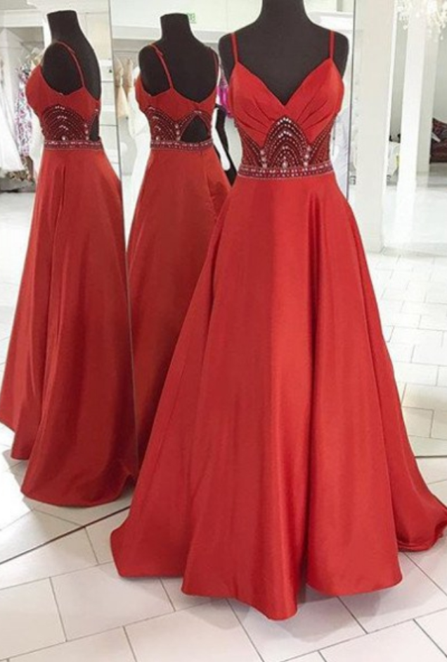 Red Prom Dresses 2018 Spaghetti Straps Crystal A-line Satin Evening ...