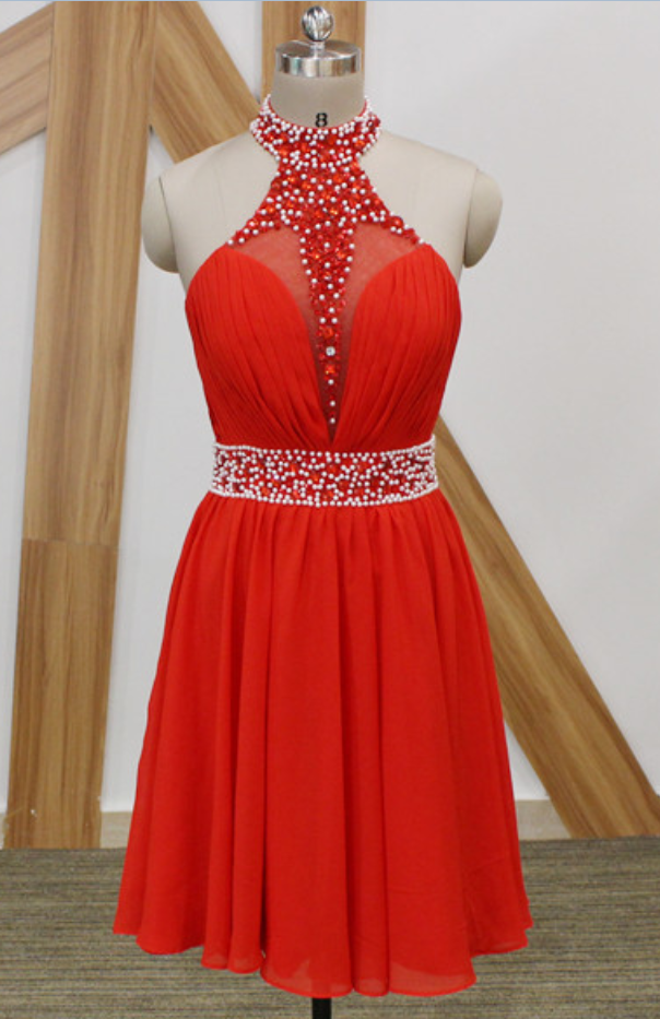 Red Short Prom Dresses Backless Halter Knee Length Chic Beaded Pearls ...