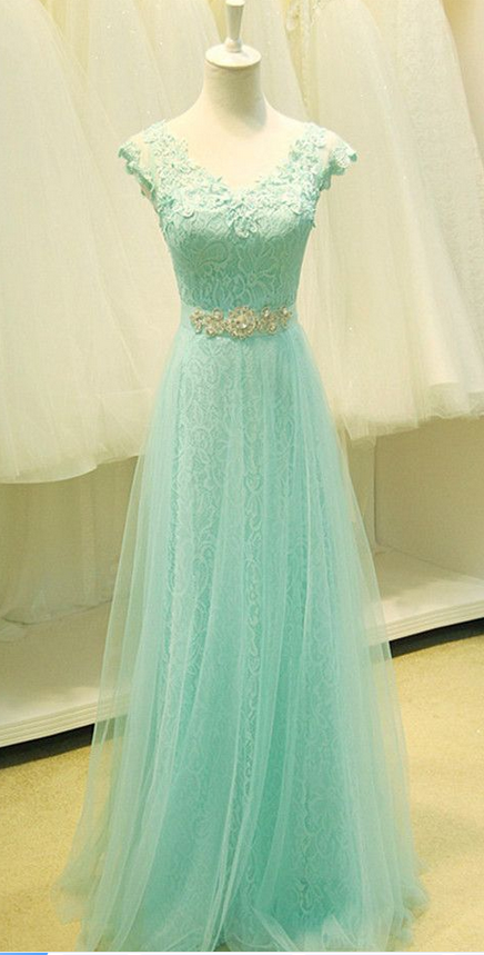 Cap Sleeve Lace Prom Dress, V-neck Applique Evening Dress, Prom Dresses ...