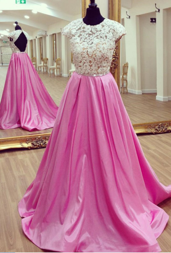Lace Appliques Prom Dress, Round Neck Prom Dress, Open Back Prom Dress ...