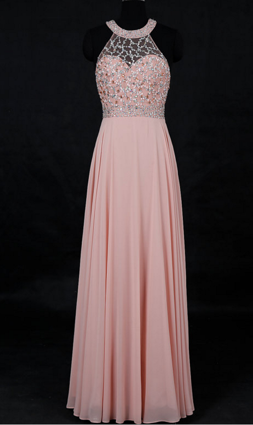 Round Neck Floor Length Chiffon Prom Dress With Beads on Luulla