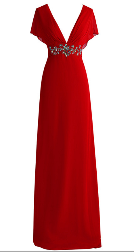 Sexy Deep V-neck Red Evening Dress, Dress Chiffon Crystal Back Formal ...