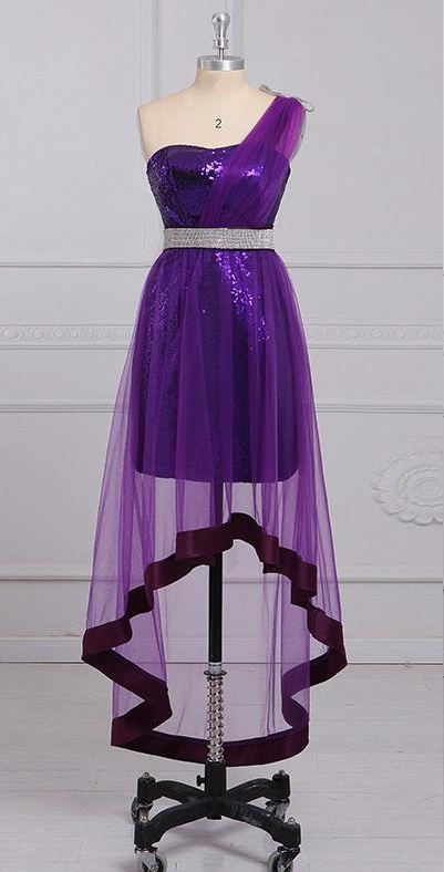 Short Purple Sequins One-shoulder Cocktail Dresses Piping Sheath Party ...