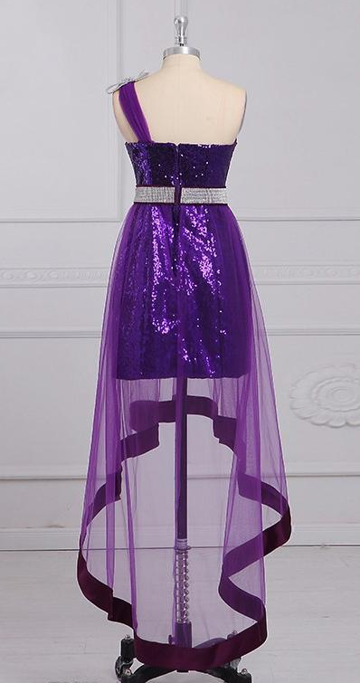 Short Purple Sequins One-shoulder Cocktail Dresses Piping Sheath Party ...