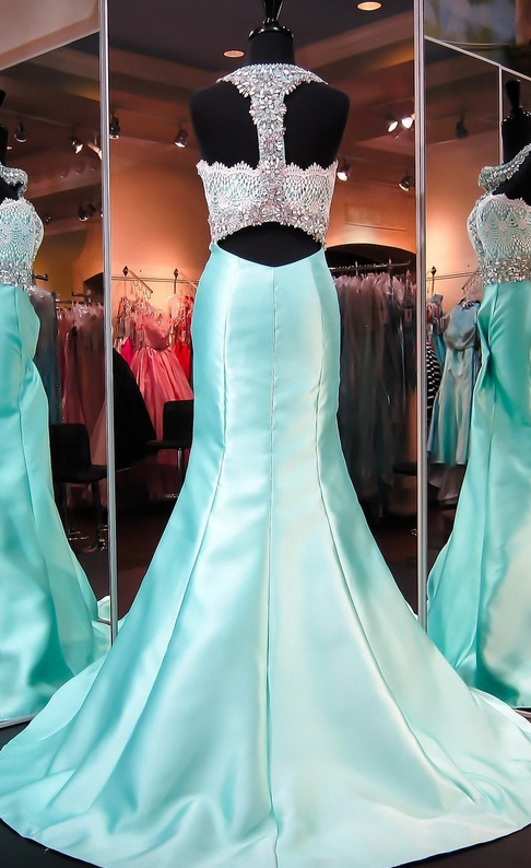 Mint Mermaid Prom Dress-white Lace Beaded Halter-open Back Evening ...