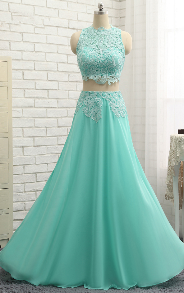A Line High Collar Chiffon Lace Two Pieces Long Prom Gown Evening