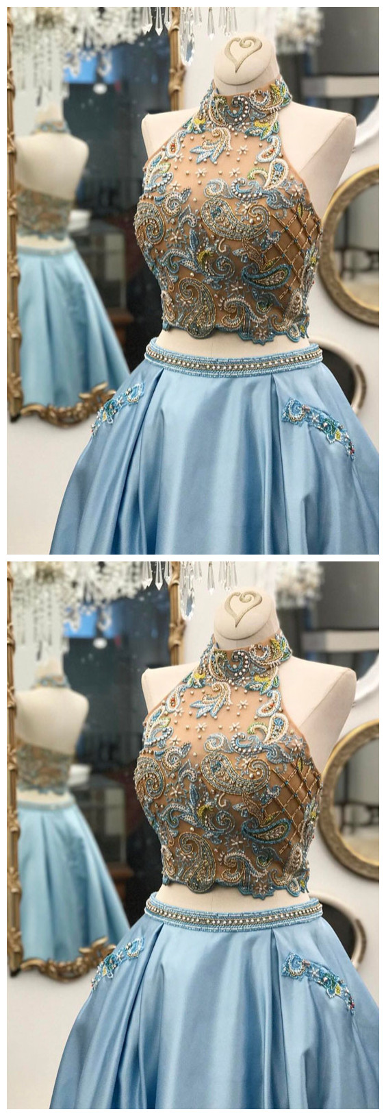 Unique Two Pieces Beads Long Prom Gown, Unique Blue Evening Dress on Luulla