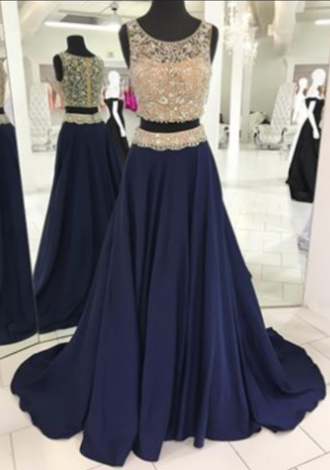 Two Piece Prom Dress, Luxurious Beads Prom Dress, Prom Dress, Navy Blue ...