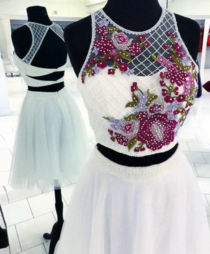 White Round Neck Two Pieces Beads Short Prom Dress, White Homecoming ...