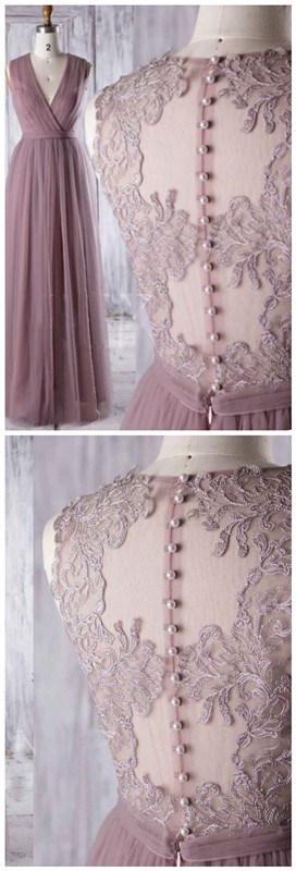 Dark Mauve Tulle Prom Dress Neck Maxi Dress A-line Party Dress Illusion ...