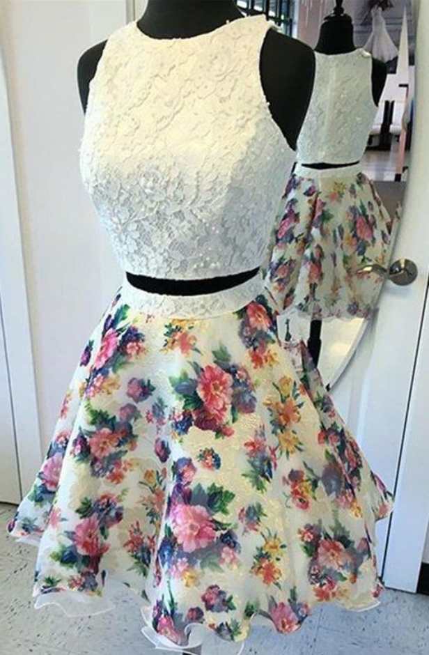 Two Piece Round Neck Sleeveless Homecoming Dress With Lace Top,ivory ...
