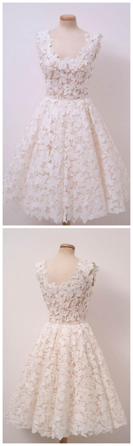 Ivory Lace Knee Length Homecoming Dresses, A Line Scoop Sleeveless ...